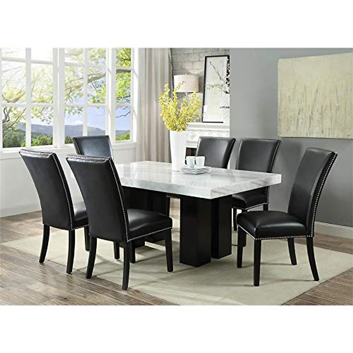 BOWERY HILL Marble Top Rectanglular 7 Piece Dining Set in Black