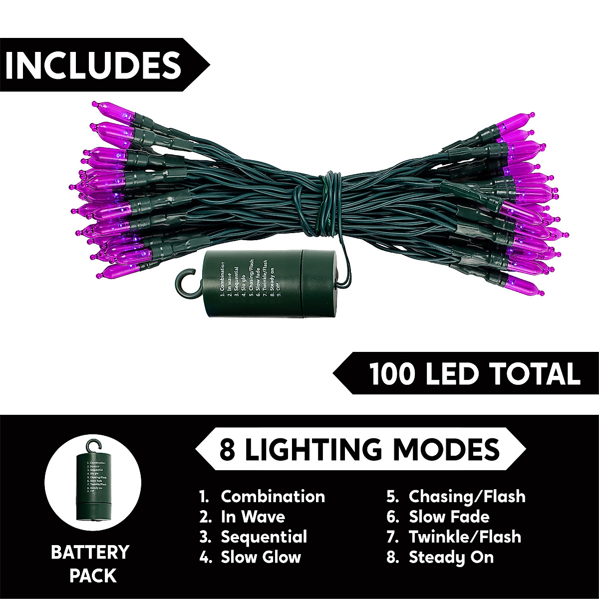 Joiedomi 33 FT Halloween LED String Lights,100 Counts of Purple Green Wire String Lights 8 Modes, 6 Hr Timer Battery Operated for Indoor and Outdoor Party, Home, Patio, Lawn, Halloween Decoration
