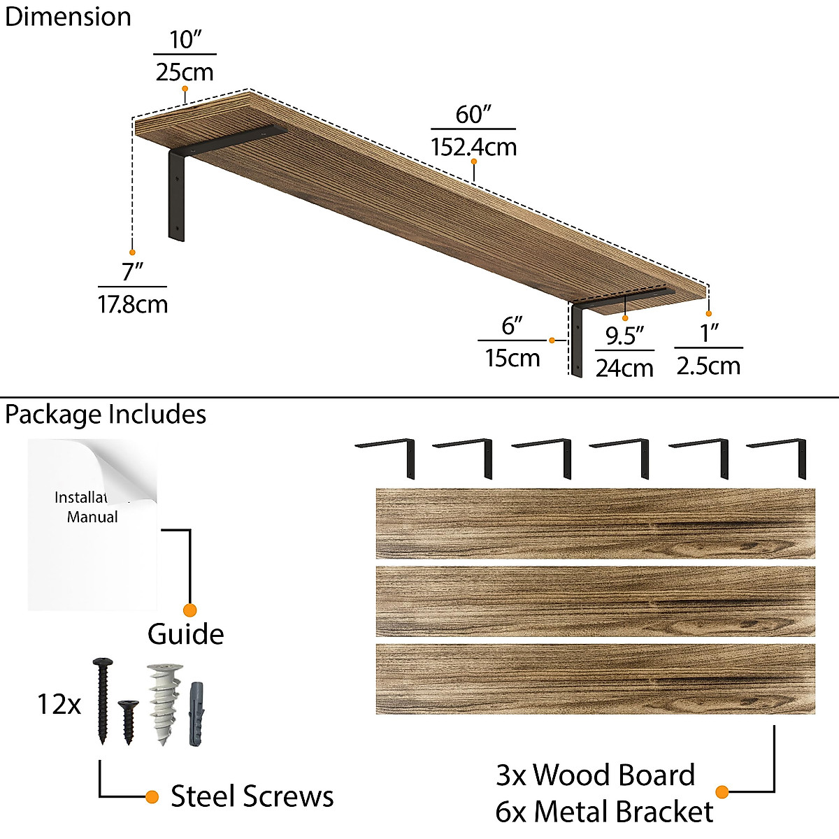 Wallniture Cervo 60 inch Long x 10 in Deep Floating Shelves for Wall Decor, Wall Bookshelf for Living Room, Wall Shelves Home Office, Laundry Room, Floating Shelf Set of 3, Burnt, Wood
