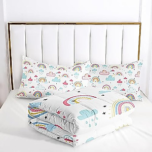 Helloosuu Kids Rainbow Comforter Set Twin,Cute Pink Rainbow Bedding Set,Kids Comforter Set for Girls Twin, Kids Girls Bedding Sets with 2PCS Pillowcases