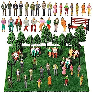 55 Pcs Model Trains Architectural Scale Painted Figures, Include 30 Miniature People 5 Street Lamps 11 Mixed Model Trees 5 Model Park Street Seat 4 Fake Grass for Miniature Scene (1:50)