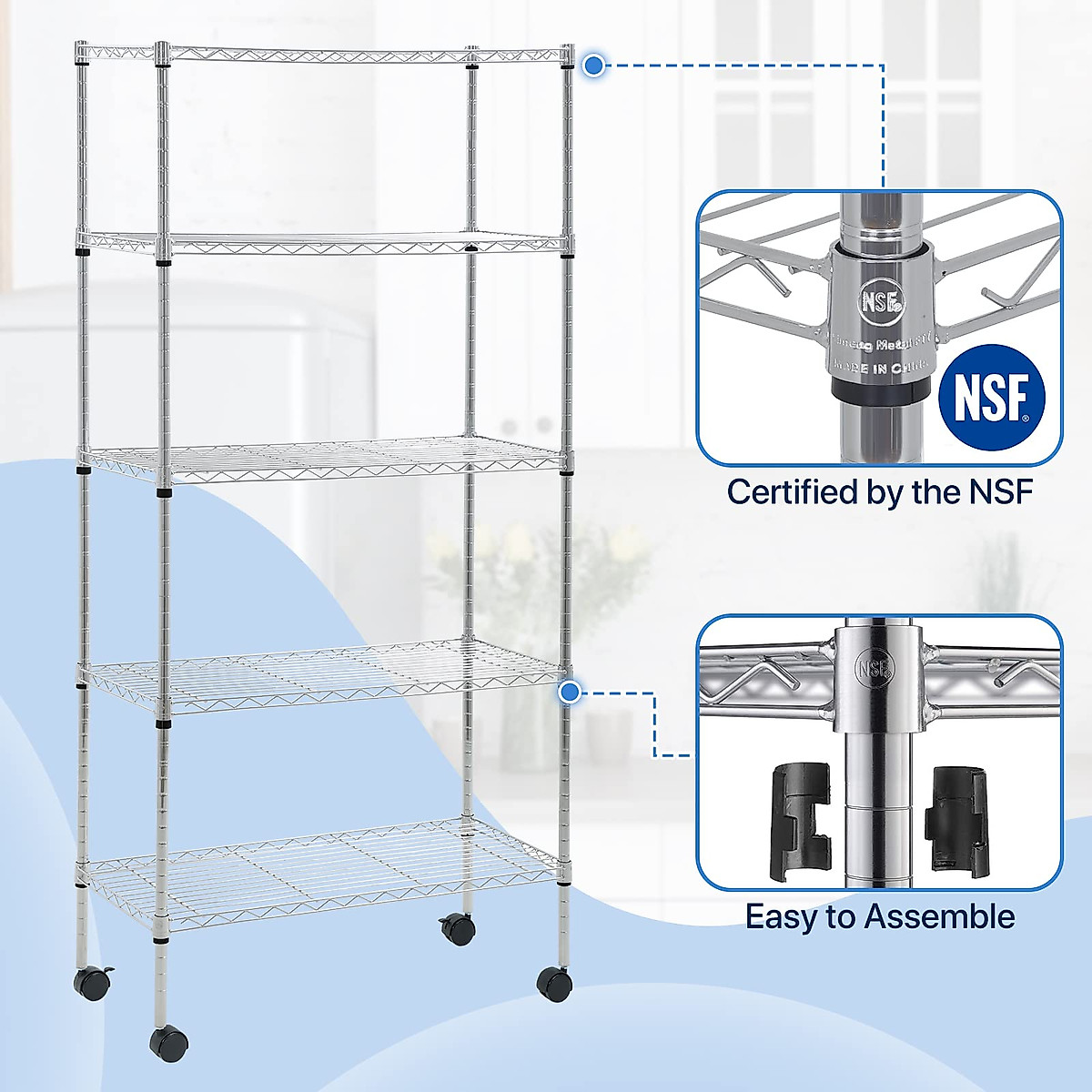 Dkelincs Wire Shelving Unit 30''L×14''W×60''H NSF Metal Storage Shelves 5 Tier Height Adjustable Wire Shelf with 4 Wheels for Kitchen Office Pantry Bathroom Garage, Chrome
