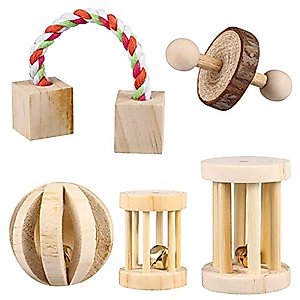 POPETPOP 5PCS Hamster Chew Toys Natural Wooden Play Toy Exercise Bell Roller Teeth Care Molar Toy for Bunny Rabbits Rats Gerbils and Other Small Animals