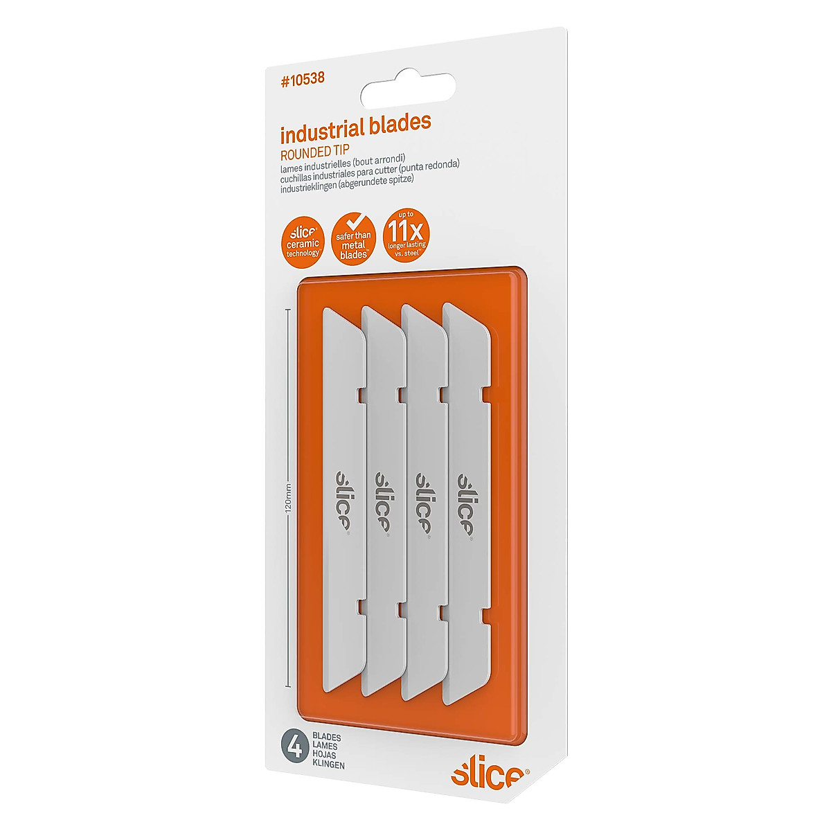 Slice 10538 Extra Long Industrial Blade, Advanced Ceramic, Ideal for Insulation, Batting, Foam, Finger-Friendly Safety Blade, Lasts 11x Longer Than Metal, Rounded Tip (4 Pack)