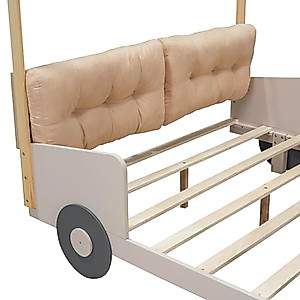 Acosure Full Size Race Car Bed Platform Bed with Pillow,Ceiling Cloth and LED Light,Wood Bed Frame W/Magazine Storage Rack,for Kids Boys Girls Teens,Natural