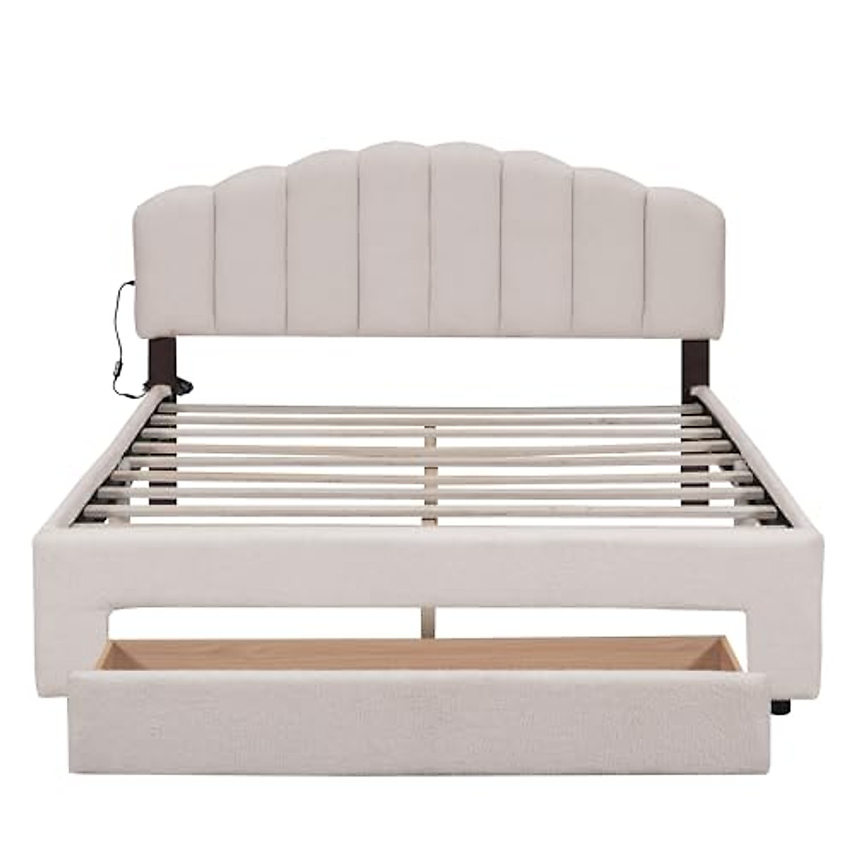 HAUSHECK Upholstered Bed Frame Queen Size with Teddy Fleece Headboard, Big Drawer, Smart LED Lights and 2 USB Ports, Modern Queen Platform Bed Frame w/Wooden Slats Support, No Box Spring Needed