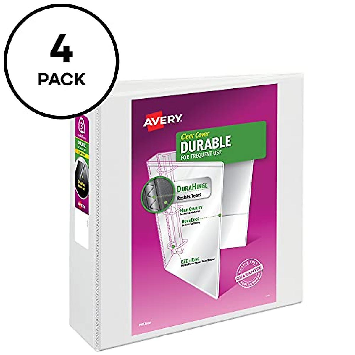 Avery Durable Clear View 3 Ring Binders, 3 Inch Binder Rings, 4 White Binders (09203)