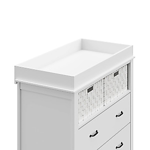 Storkcraft Forrest 2 Drawer Changing Table Chest with Baskets, Attached Changing Topper Fits Standard Size Changing Pad, 2 Drawers and 2 Open Shelves, White
