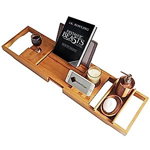 ModernTropic Home and Spa Bamboo Bathtub Caddy and Tray Expandable Non-Slip Wooden Bath Tray Securely Holds Drinks, Book/Tablet, Accessories, Phone