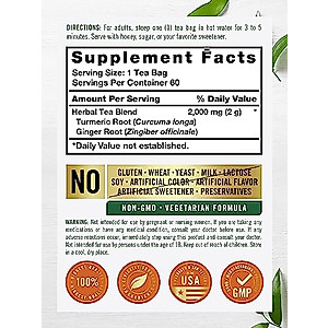 Turmeric Tea with Ginger | 60 Tea Bags | Caffeine Free | Non-GMO & Gluten Free Herbal Tea Supplement | by Carlyle