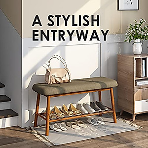 Bamworld Entryway Bench with Storage Bamboo Shoe Bench with Cushion Seat Rustic Storage Benches for Bedroom Living Room Indoor(Brown)