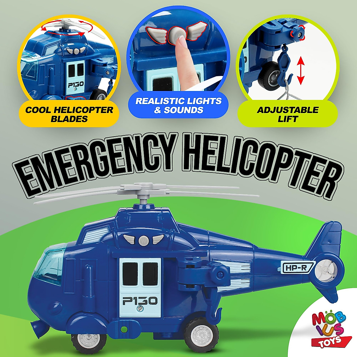 City Car Toy Playset of 3 Vehicles - Friction-Powered w/ Realistic Lights & Sounds - Includes Police Car, Garbage Truck, Construction Dump Truck & Helicopter - Toddler Boys Toy for Kids Ages 3-5