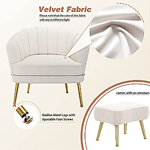 Andeworld Velvet Accent Chair with Ottoman, Upholstered Modern Single Sofa Side Chair,Comfy Barrel Club Living Room Armchair with Golden Metal Legs for Bedroom Living Reading Room Office, Beige