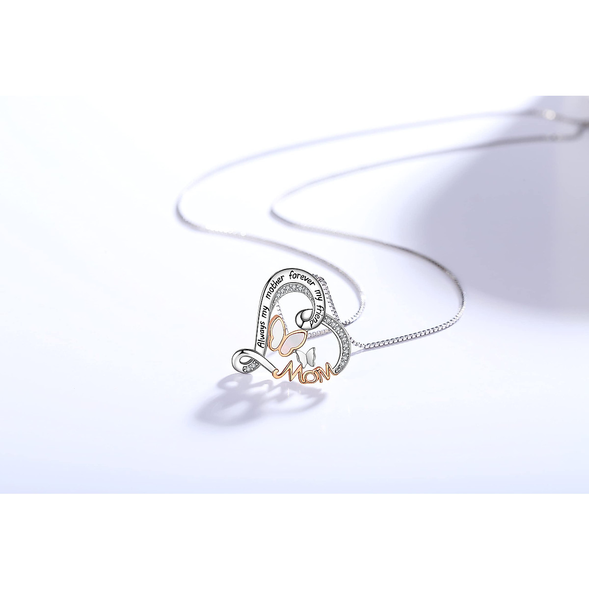 ASLBUNM Mom Necklace S925 Sterling Silver Mother Daughter Butterfly Always My Mother Forever My Friend Love Heart Pendant Necklaces Jewelry Grandmother Mom Gift