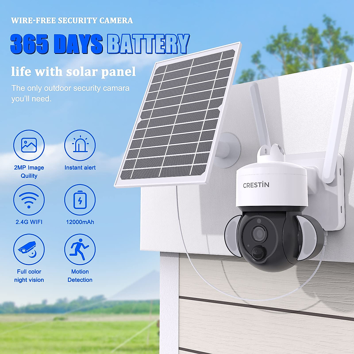 CRESTIN Solar Security Camera Wireless Outdoor, Pan Tilt 360° 2MP Solar Powered Security Camera&Battery Powered, 98ft Night Vision WiFi Wireless Came