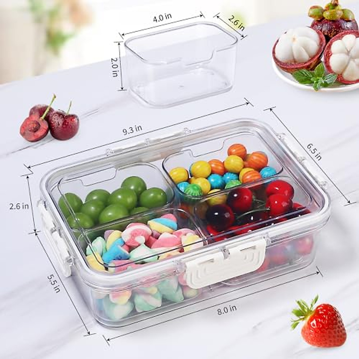 Wuoerr Snack Box Container, Portable Snack Box Container, Divided Serving Tray with Lid and Snackle Box, Clear Organizer for Veggie, Tray, Candy, Fruits, Nuts, Snacks (4 Compartments)