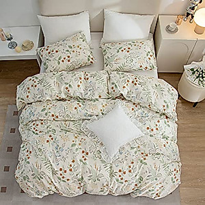 Floral Duvet Covers Queen, 100% Cotton Chic Floral Bedding Sets Queen 3 Pieces Green Red Flower Leaves Queen Duvet Cover Floral, 1 Duvet Cover and 2 Pillowcases with Zipper Closure (Flower, Queen)