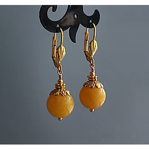 Yellow Agate Earrings Round Dangles Jewelry for Women Gold Plated Lever Backs in Gift Box