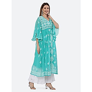 FAWOMENT Women's Lucknowi Chikan Embroidery Exclusive Panel Gown alongwith Kurti (S, Aqua Green)