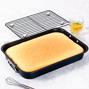 Nonstick Small Roaster Pan with Flat Rack Chicken Turkey Roaster Tray Oven Baking Cake Bread Pans Cooking Lasagna with Stainless Steel Handles,11-Inch x 15-Inch