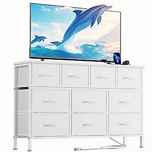 YaFiti Dresser TV Stand with Power Outlet, 43" Long Dresser for Bedroom with 10 Fabric Drawers, Chest of Drawers for Living Room, Hallway (White)