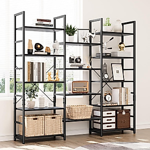 NUMENN Triple Wide 5 Tier Bookshelf, Rustic Industrial Style Bookcases and Bookshelves with 14 Open Display Shelves, Modern Tall Bookcase Furniture for Bedroom, Living Room and Home Office, Black