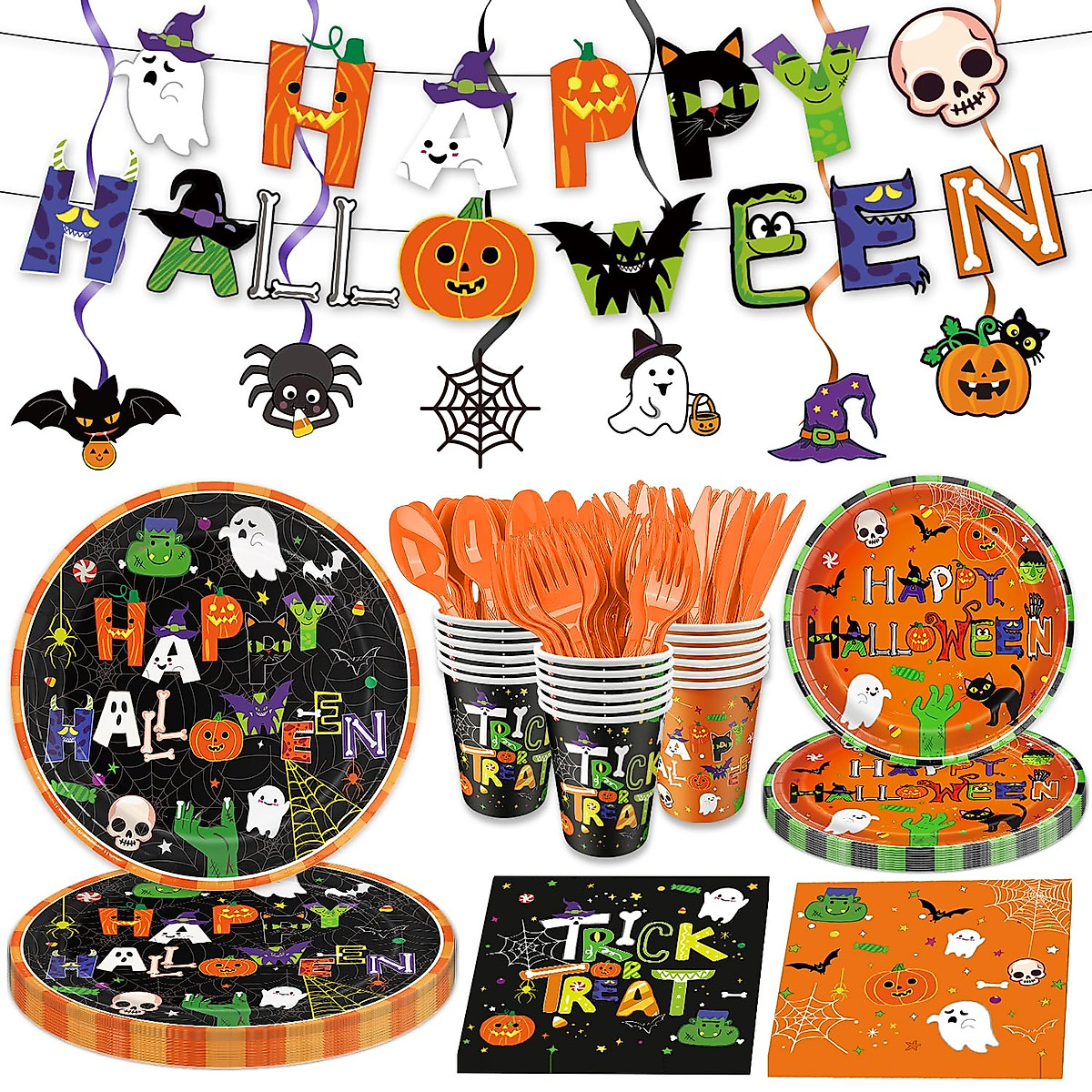 Halloween Party Supplies Set, Halloween Party Supplies Decoration - Paper Plates, Napkins, Cups, Cutlery, Banner and Hanging Swirls - 24 Serves