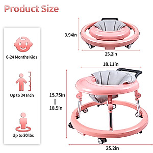 Baby Walker, 9-Gear Height Adjustable Baby Walker with Wheels, Foldable Infant Toddler Walker with Foot Pads, Baby Walkers and Activity Center, Baby Walkers for Baby Boys and Baby Girls 6-24 Months