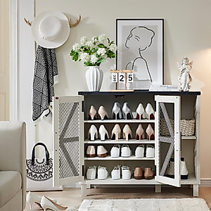 ACCOHOHO Farmhouse Shoe Cabinet, Large Shoe Storage Cabinet with Metal Accents & Adjustable Shelves, Industrial Wood Shoe Organizer Cabinet, Rustic Shoe Rack Cabinet for Entryway, Off White