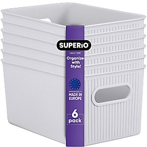 Superio Ribbed Collection - Decorative Plastic Open Home Storage Bins Organizer Baskets, Medium White Smoke (6 Pack) Container Boxes for Organizing Closet Shelves Drawer Shelf 5 Liter
