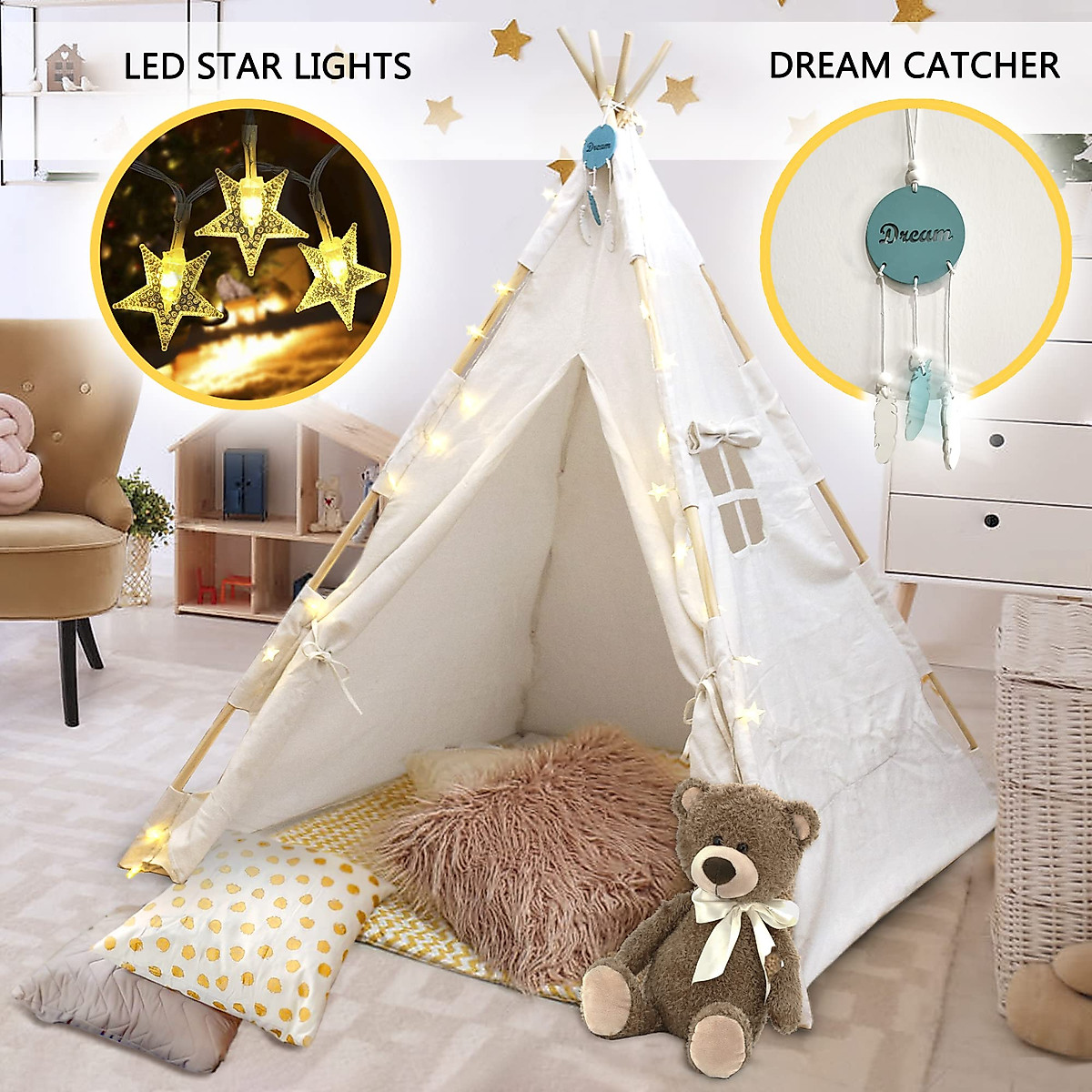 Teepee Tent for Kids - Indoor Tent, Pompon Ball Design, Built-in Mat, Inner Pockets, Window, LED Star Lights, Dream Catcher, Unique Threaded Poles - Strong Foldable Play Tent for Girls & Boys.