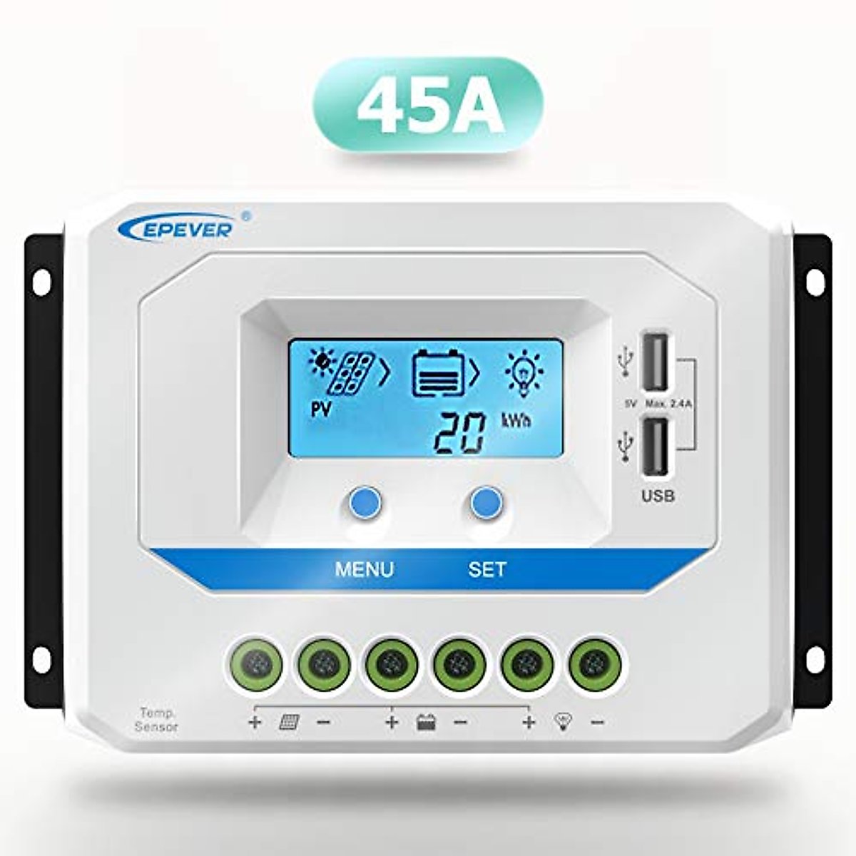EPEVER® 45A Solar Charge Controller 12V/24V/36V/48V Auto Working PWM Solar Panel Charge Regulator with LCD Display and Powerful Dual USB Output