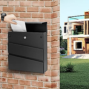 YOOBOX Wall-Mount Mailbox with Lock and Keys, Security Key Drop Box for House Outside, Locking Postbox, Steel Metal Rust-Proof Mail Box, 11.02 x 11.02 x 4.33 Inch, Black, MD002