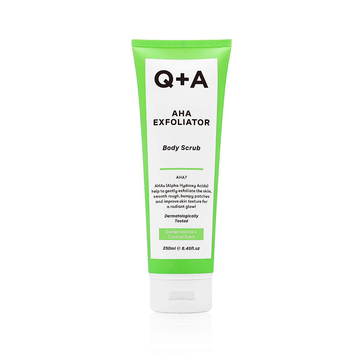 Q+A AHA Exfoliator Body Scrub, blend of AHA’s Lactic Acid and Glycolic Acid combined with exfoliants, improves skin texture and promotes soft and supple skin, 250ml