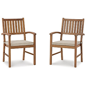 Signature Design by Ashley Janiyah Outdoor Acacia Wood Arm Chair & Cushion Set, 2 Count, Light Brown