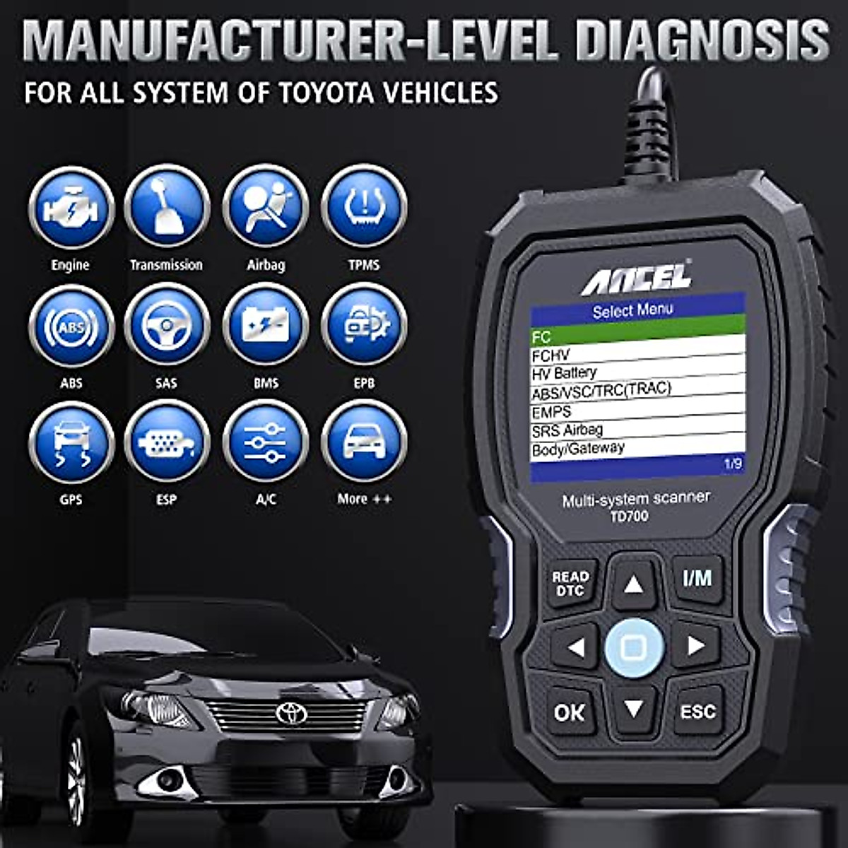 Toyota Code Reader, Toyota OBD2 Scanner, ANCEL TD700 JOBD Lexus Scion All System Transmission Fluid Temperature TPMS Relearn ABS Engine Car Diagnostic Scan Tool for Prius Tacoma Camry Corolla Tundra