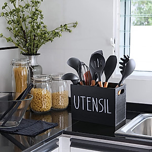 ALELION Wood Kitchen Utensil Holder with 2 Compartments, 7" Large Rustic Utensil Caddy Organizer for Kitchen Counter, Black Farmhouse Kitchen Decor and Accessories for Countertop