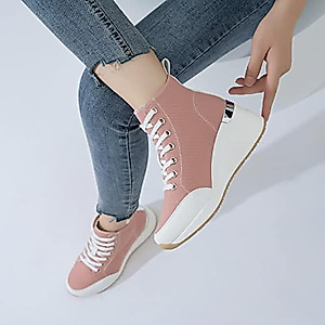 Pink High Top Canvas Wedge Sneakers for Women Canvas Shoes Non-Slip Lace Up Women Platform Sneakers