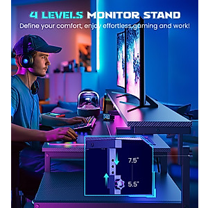 DOMICON Computer Desk 72" L Shaped Desk with Power Outlets, Gaming Desk with LED Lights & Long Adjustable Monitor Stand, Corner Desk with Storage, Cup Holder & Headset Hooks (Black Carbon Fiber)