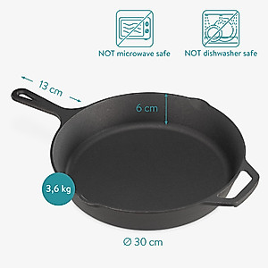 Navaris Cast Iron Skillet - 12 inch Cast Iron Pan - Seasoned Cookware for Frying, Cooking, Oven, Stove Top, Camping - Includes Silicone Handle Covers