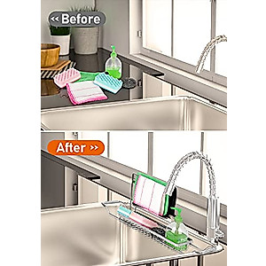Kitchen Sink Organizer, Telescopic Sink Storage Rack, SUS304 Stainless Sponge Holder for Kitchen Sink, Rust Proof Water Proof, Larger Sink Brush Holder, No Drilling