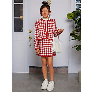 WDIRARA Girl's 2 Piece Outfits Houndstooth Zip Up Half Sleeve Jacket and A Line Skirt Set Red and White 10Y