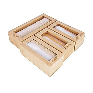 Set of 4 Bamboo Food Storage Bag Organizer with Non-Slip Pads for Gallon, Quart, Sandwich, Snack, Zipper and Slider Bags, Kitchen Drawer Organizer for Ziploc, Glad, Solimo, 365 by WFM, Hefty