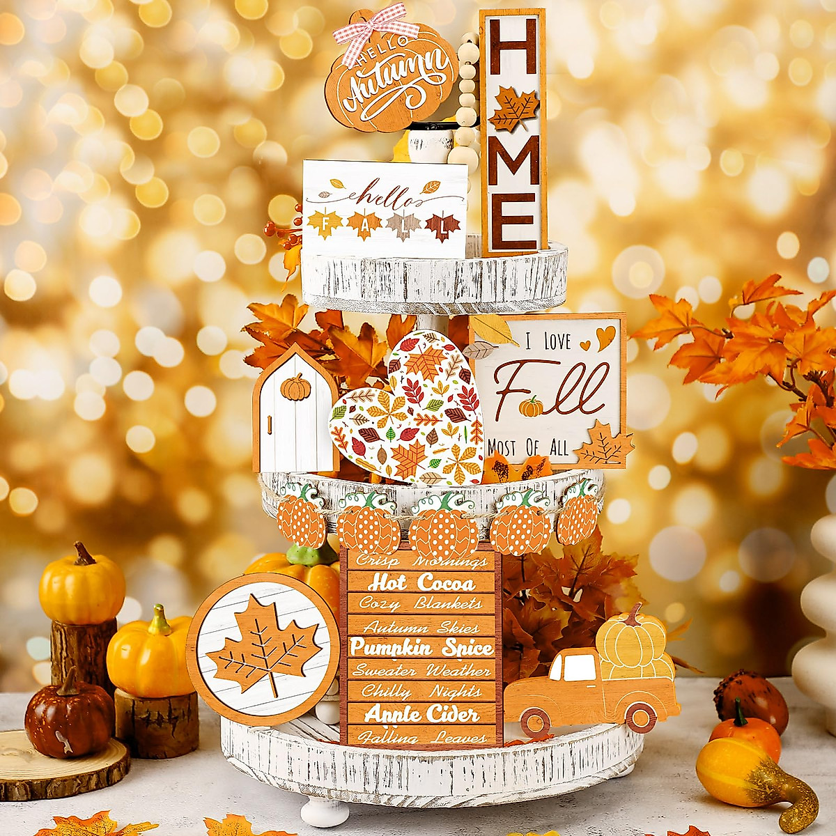 Amyhill 15 Pcs Thanksgiving Tiered Tray Decor Set Fall Tiered Tray Decor Rustic Pumpkin Maple Leaf Truck Table Centerpieces Harvest Wood Blocks Signs for Home Fall Decorations