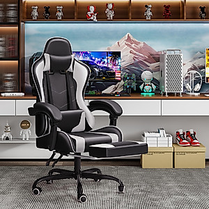 JUMMICO Gaming Chair Ergonomic Computer Chair with Footrest and Massage Lumbar Support, Height Adjustable Video Gaming Chair with 360° Swivel Seat and Headrest (White)