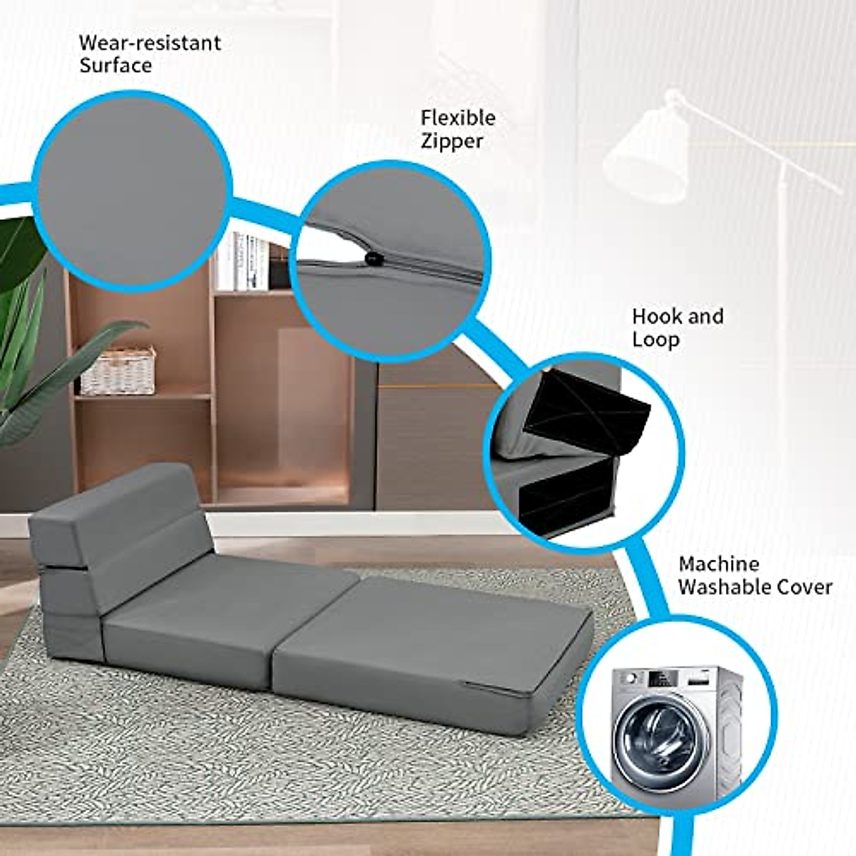 Mjkone Folding Futon Sofa Bed, Modern Convertible Couch for Compact Living Room Office Apartment Space, Modular Sectional Sofa for Resting Camping- Single, Dark Grey