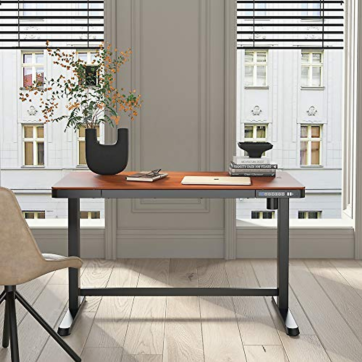 KOBLE Juno 48” Electric Height-Adjustable Desk with Black Frame and Walnut Foil Top