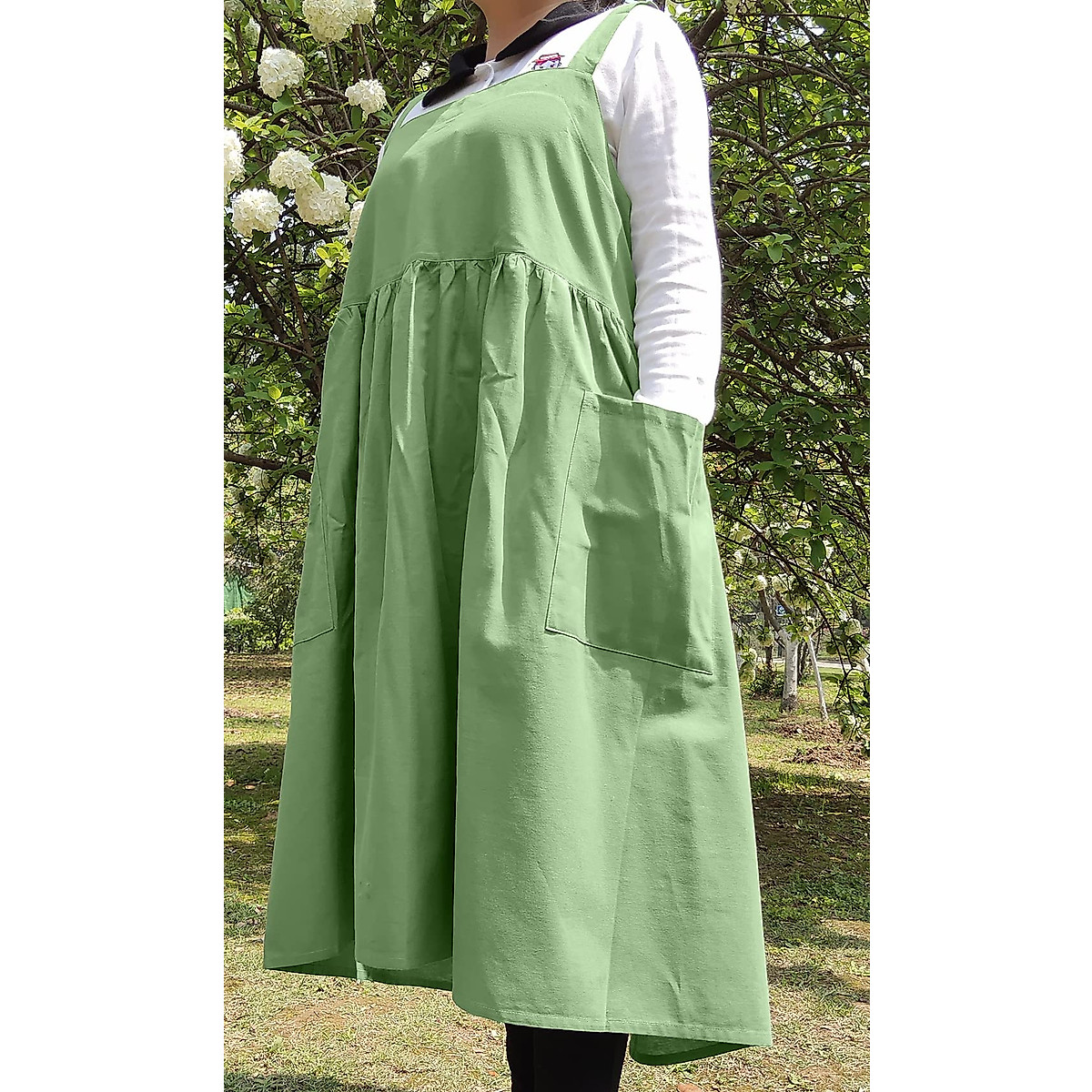 losofar Cotton Linen Square Dress Overalls Kitchen Gardening Solid Color Apron Flower Shop Smock (Green, 92cmx110cm)