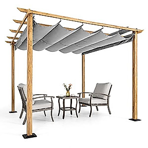 HAPPATIO 10' X 10' Pergola Retractable Pergola Canopy for Backyard, Garden, Patio; Woodgrain-Look Aluminum Pergola with Retractable Pergola Canopy, Includes Anchors and Expansion Screws (Grey)