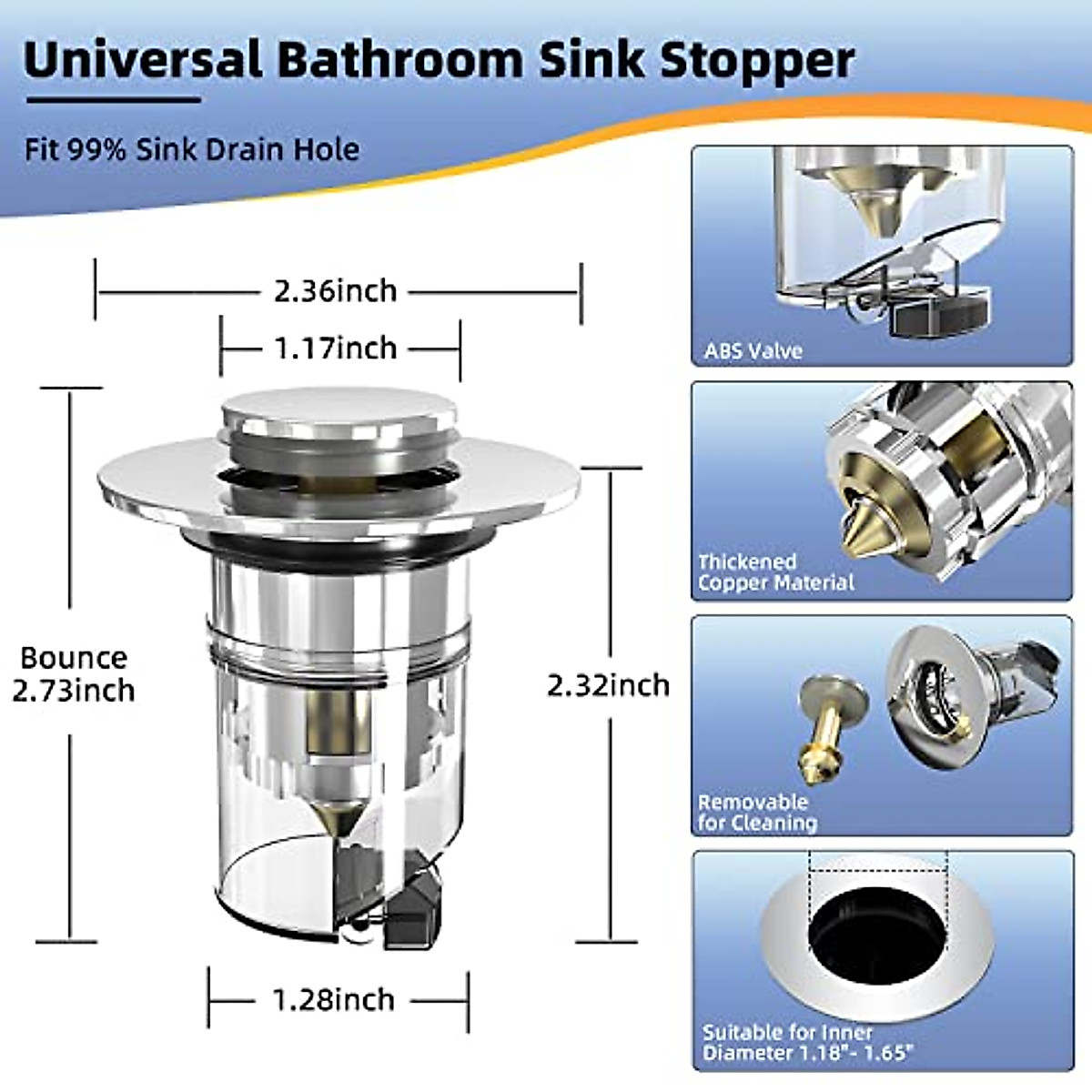 Bathroom Sink Stopper, 3 in 1 Pop Up Kitchen Bathtub Drain Stopper Plug, Sink Strainer for 1.18-1.65", with Shower Drain Hair Catcher Anti-Odor Valve Anti Clogging Bathroom Sink Drain Strainer